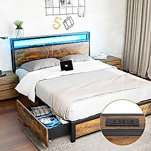 Squireewo Full Bed Frame with Charging Station & Led Lights, Platform Metal Bed Frame with 4 Storage Drawers and Headboard, No Box Spring Needed, Easy Assembly, Noise-Free,Rustic Brown