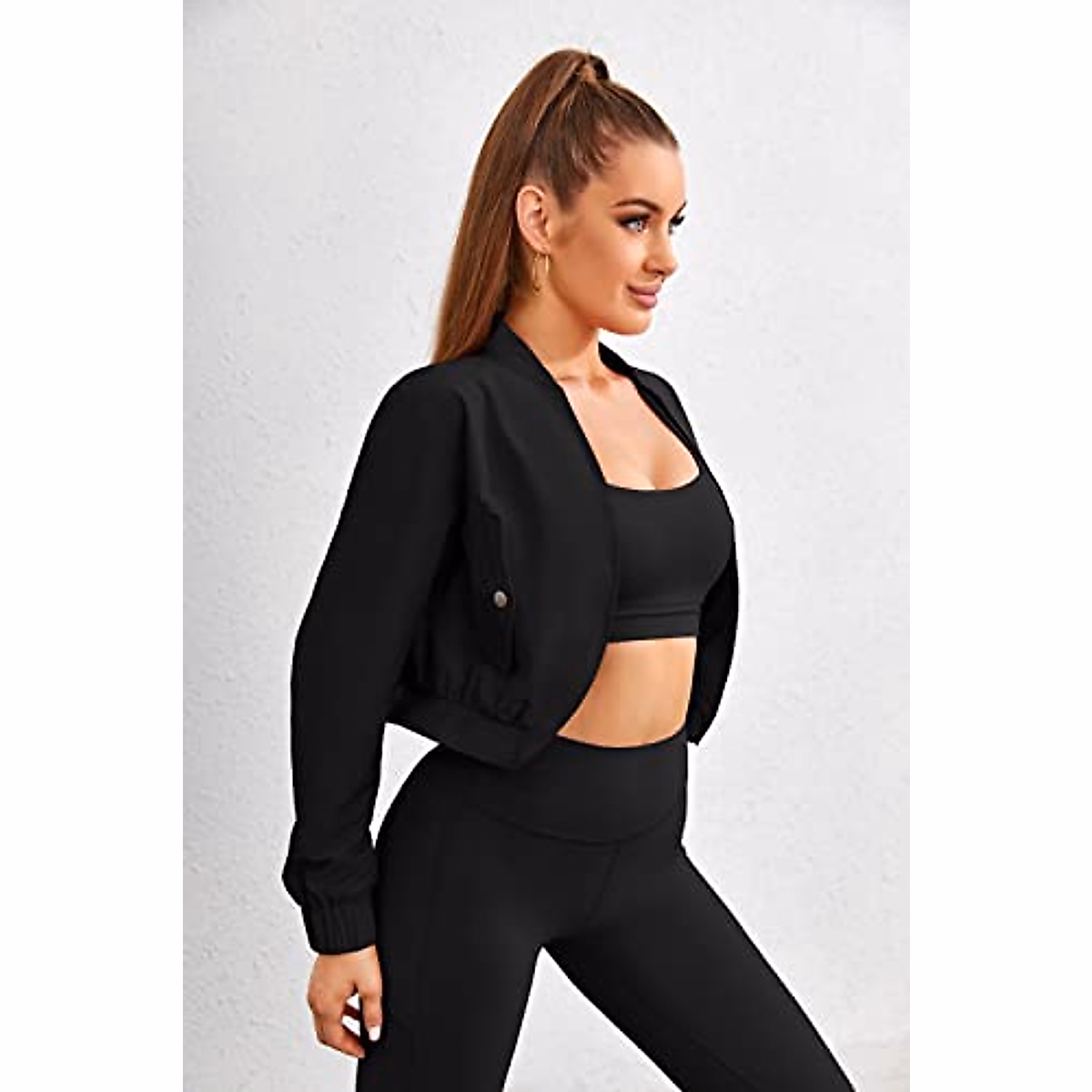 Kolagri Women Long Sleeve Cropped Windbreaker Open Front Quick Dry Thin Bomber Jacket Workout Bolero Jackets Tops Black M