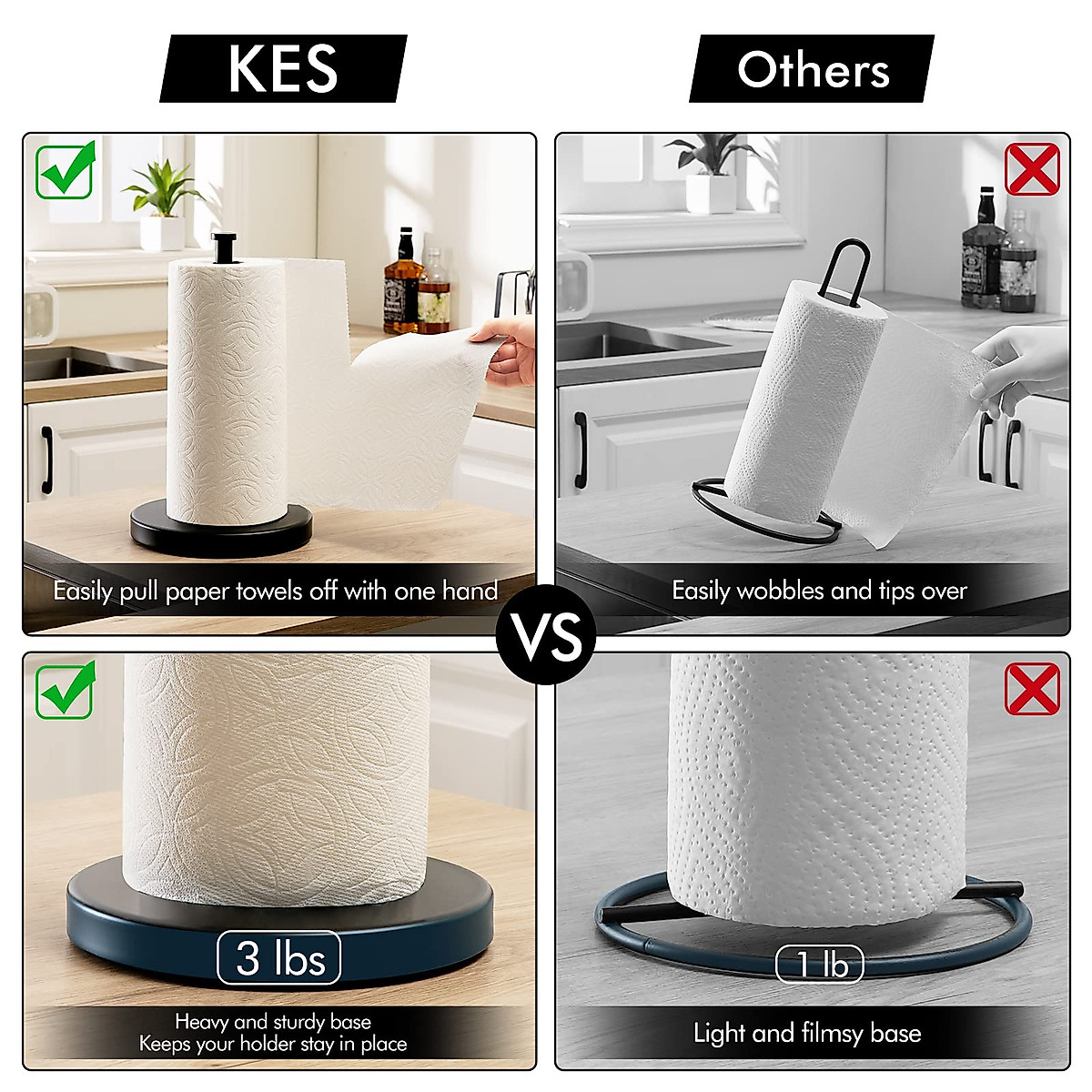 KES Matte Black Paper Towel Holder Countertop, Kitchen Paper Roll Holder Stand with Weighted Base Heavy for Standard or Gaint Rolls SUS304 Stainless Steel Matte Black, KPH202-BK