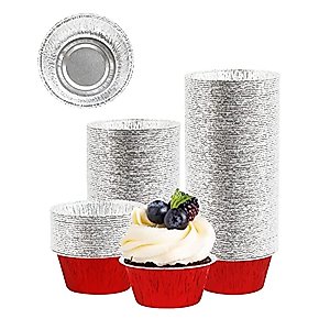 Aluminum Foil Baking Cups, Mateebake 4 Oz Disposable Ramekin Aluminum Cupcake liners, Red Foil Baking Cups Muffin Liners for Cupcake, Baking, Egg Tart, Pudding, Creme Brulee (150 Pcs)