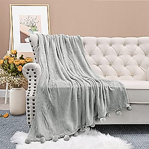 Home Soft Things Pompom Bed Couch Throw Blanket, 50'' x 60'', Silver Grey, Fuzzy Soft Comfy Warm Decorative Throw Blanket for Living Room Bedroom Suitable for All Seasons