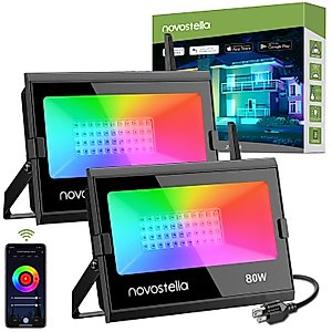 NOVOSTELLA 80W Smart LED Flood Lights, RGB, Second-Generation WiFi Outdoor Dimmable Color Changing Stage Light, IP66 Waterproof, Multicolor Wall Washer Light, Work with Alexa, 2 Pack