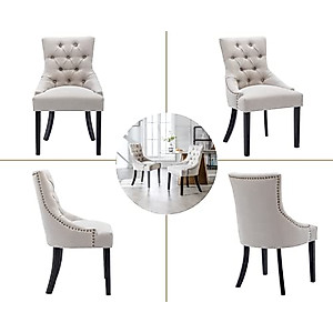 EALSON Set of 2 Linen Dining Chairs Elegant Tufted Back with Nailed Trim Home Kitchen Dining Room Chairs Armless Accent Side Chairs Solid Rubber Wood Legs, Set of 2 (Beige)