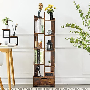 Gannyfer Tree Bookshelf with Drawers,Narrow Free Standing Open Bookshelves,Mid-Century Modern Bookcase Storage Organizer Shelf,Tall Retro Wood Book Shelves for Small Spaces Bedroom,Office,Classroom