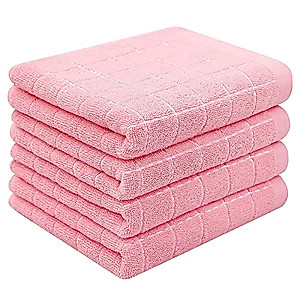 Homaxy 100% Cotton Terry Kitchen Towels(Pink, 13 x 28 inches), Checkered Designed, Soft and Super Absorbent Dish Towels, 4 Pack