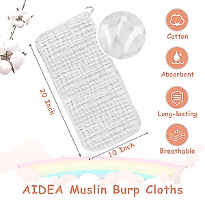 AIDEA Burp Cloths-20"x10", Muslin Burp Cloths for Babies, Highly Absorbent Cotton Burp Cloths, Large Soft Breathable Baby Rags for Boys and Girls, Newborn Essentials, Baby Gifts, White-10 Pack
