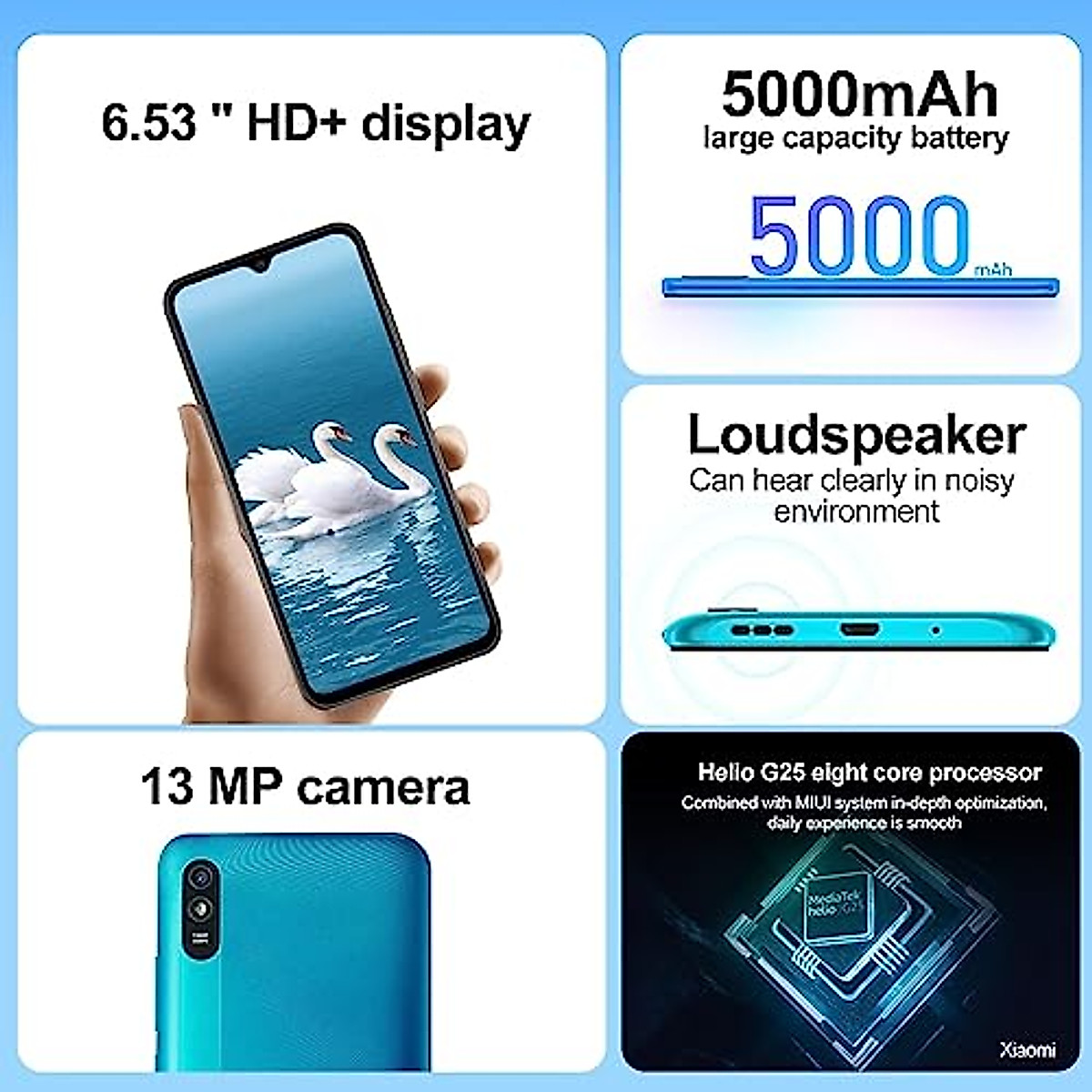 Xiaomi Redmi 9A (32GB+2GB) Factory Unlocked (Only Tmobile/Mint/Ultra USA Market) Global Dual Sim 13MP + (w/Fast Car Charger Bundle) (Sky Bluee)