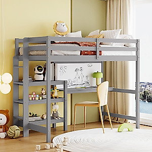 GINGVAT Twin Size Loft Bed with Desk and Shelves,Wooden Loft Bed Frame with Writing Board,for Kids Teens Boys Girls,No Spring Box Needed,Gray