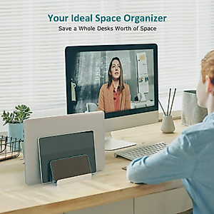 Nukoi Vertical Laptop Stand - SPACEMax Adjustable GRIPLock Anti-Tip Silicone 4 Slots Aluminum Desktop Holder - Double Dock Stand - 2 Phone Slots Fits Up to 17.3” Laptops, Tablets, Phones - Silver