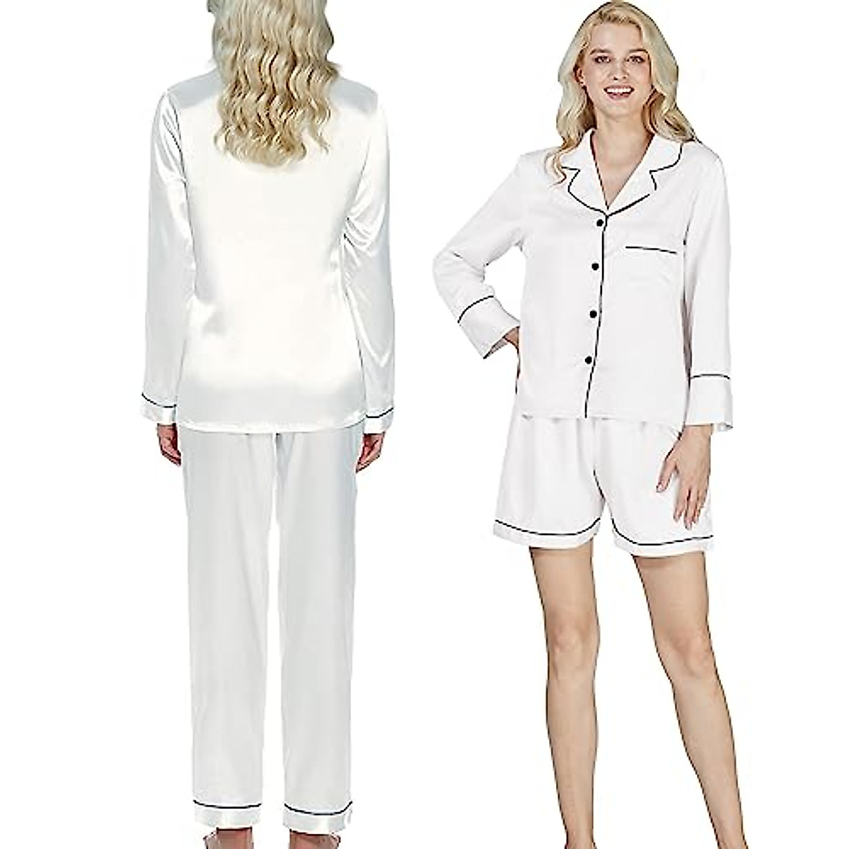 WJing Yi Jia 5Pcs Womens Silk Satin Pajamas Sets Long Pj Sets Button Down Pjs Set Sleepwear White