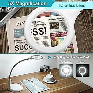TOMSOO 5X Magnifying Glass with Light and Clamp, 5 Color Modes Stepless Dimmable Lighted Magnifier with Stand, Flexible Gooseneck LED Desk Lamp Hands Free for Craft Painting Hobby Close Work