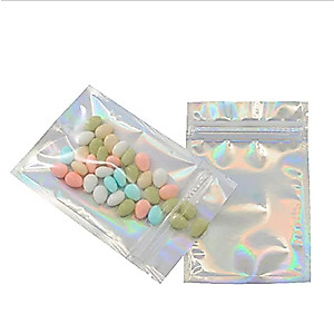 100Pcs Clear Front Glitter Holographic Zip Lock Bags Iridescent Pouches Food Packing Packaging Pouches Bags Storage Pouches Bags Silver 3.9x5.9in (10x15cm)
