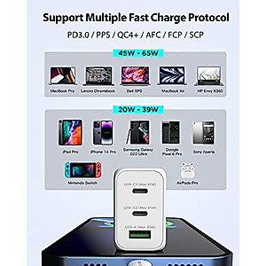 Gigastone 65W USB C Charger GaN Power Pro PPS Multiple Port Intelligent Power Allocation, Compact Foldable Plug Travel, Full Speed GaN Charger MacBook Air/Pro Dell XPS iPad iPhone 15/14 Galaxy S23
