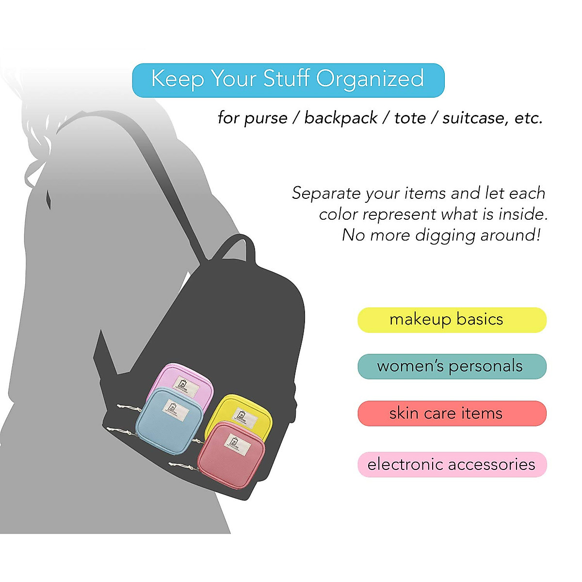 BeeChamp 4pcs Cute Small Travel Sanitary Holder Girls Waterproof Cosmetic Jewelry Bags Lipsticks Electronics Makeup Organizers for Women, Multicolor