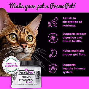 PROBIOTIC for Cats – 120 Servings - Premo Pet – Digestive Aid Plus Prebiotics - Best for Diarrhea, Vomiting, Gas, Skin Conditions – Tasteless – Wheat & Dairy Free – GMP – Vet Approved