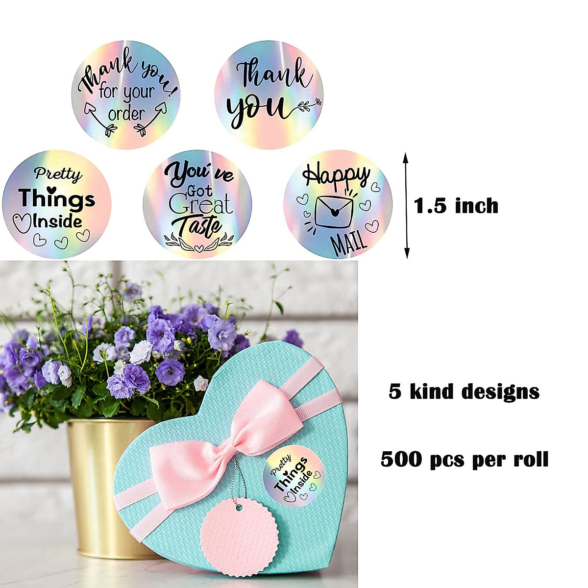 Flosius 500 PCS Thank You Stickers 5 Different Design Rainbow Holo Stickers Holographic Silver Roll Business Thank You Label for Small Business Packaging Supplies