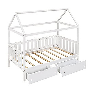 Lifeand Twin Size House Bed with 2 Drawers, Fence-Shaped Guardrail and Sky Roof, Solid Wood Bedframe for Gilrs Boys,White