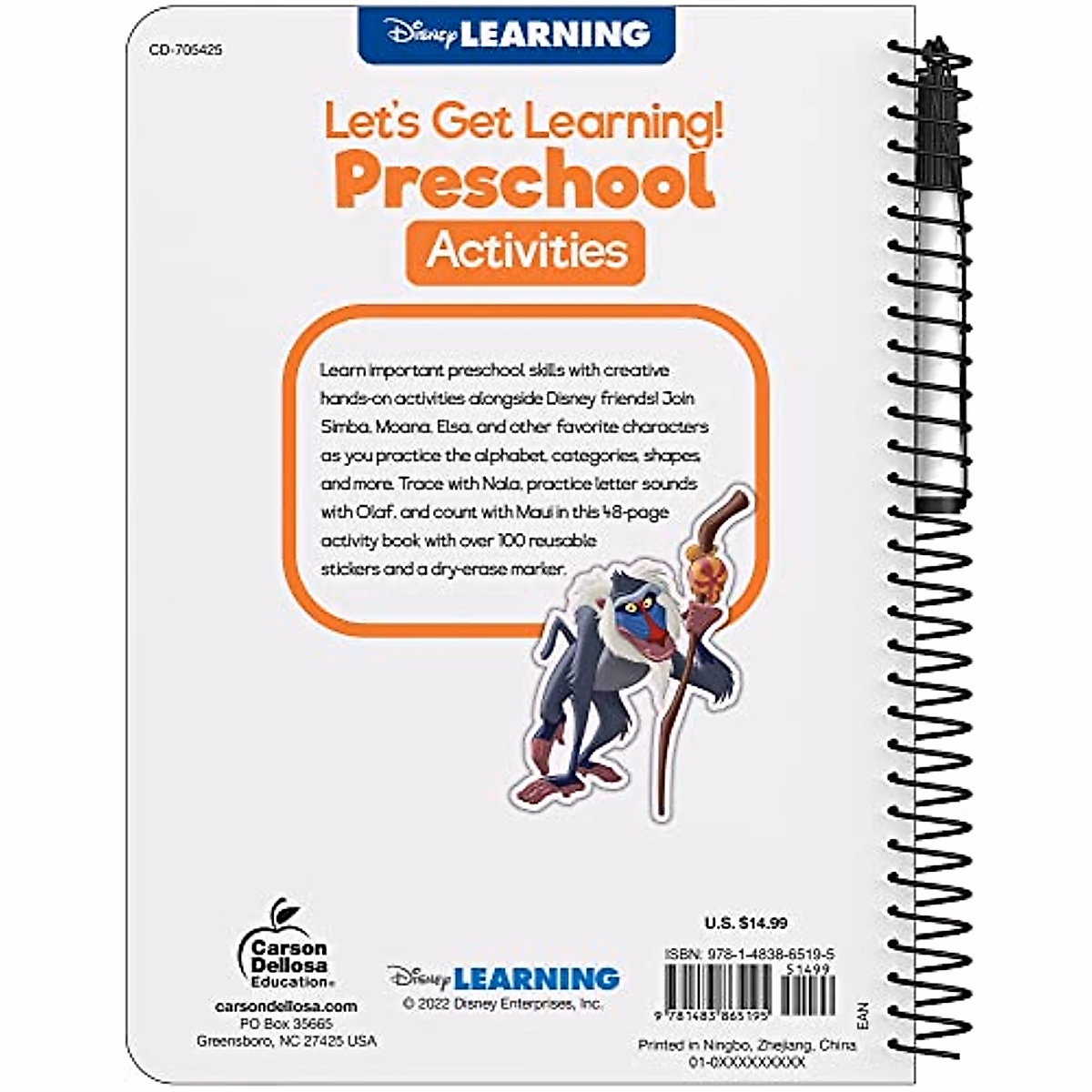 Disney Learning Let's Get Learning! Preschool Activity Book for Kids Ages 3-5, Pre K Wipe Clean Workbook With Letters, Numbers, Shapes, & Sight Words Activities, Reusable Sticker Book for Toddlers
