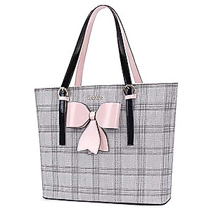 MOSISO Laptop Tote Bag Compatible with MacBook, 17-17.3 inch Notebook and Chromebook, PU Leather Large Capacity Work Bag Travel Hanbag with Grid MO-GID002LTBR