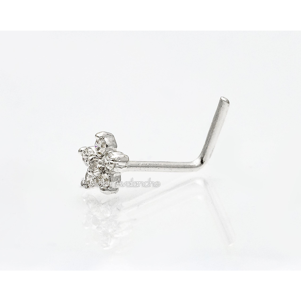 20G 14K White Gold Diamond L-shape Nose Stud - Flower Setting nose Ring - April Birthstone - FLWD-LSWG