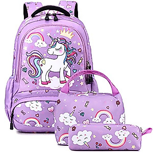 Dafelile Backpack Unicorn for Girls School Preschool Backpack for Girls School Bookpack Set with Lunch Bag Pencil Bag(Purple)