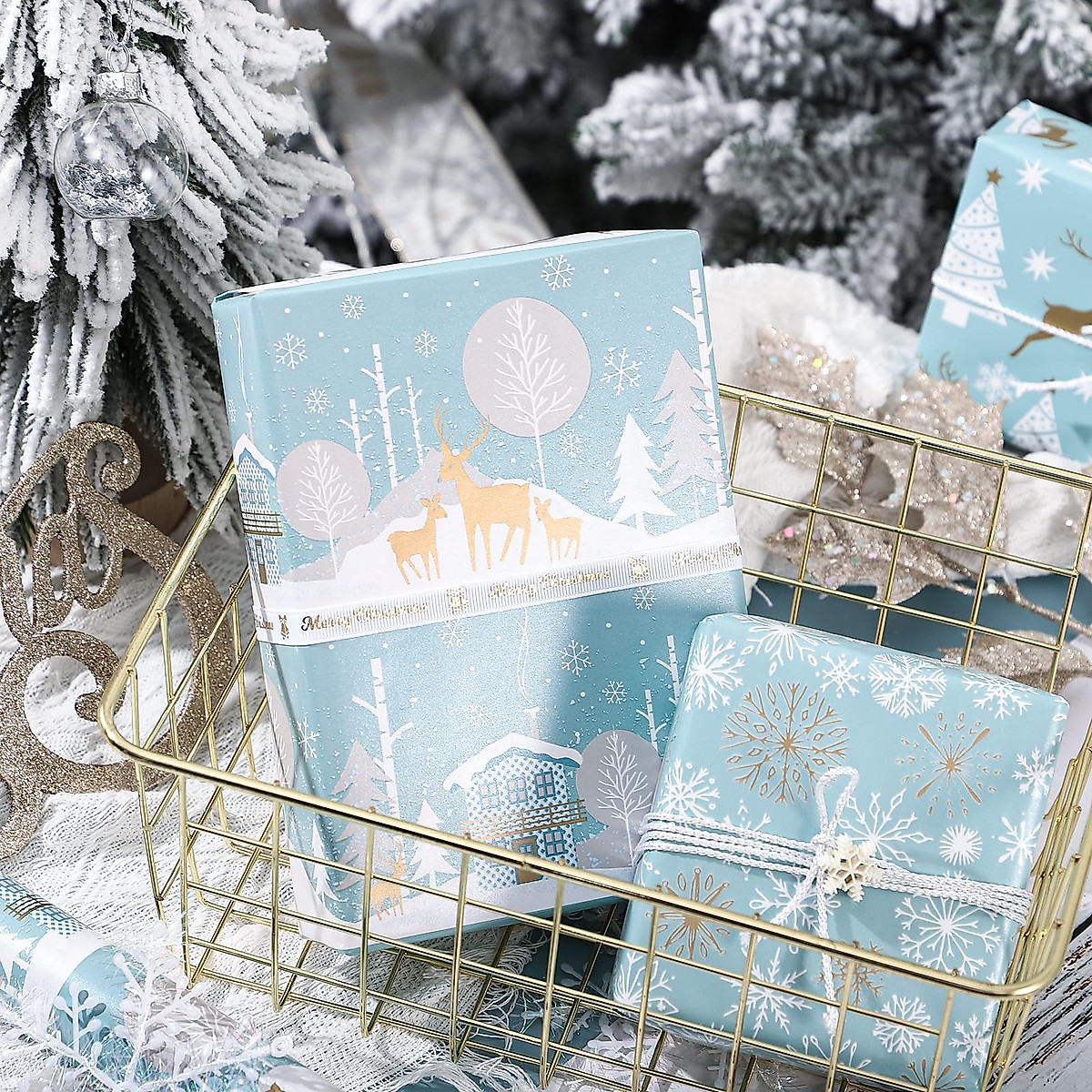 WRAPAHOLIC Christmas Wrapping Paper Roll - Blue and Silver Reindeer, Christmas Tree, Snowflake Holiday Design Printed on Pearlized Paper - 4 Rolls - 30 Inch x 120 Inch Per Roll