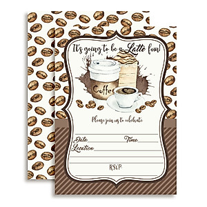 Watercolor Coffee Latte Fun Birthday Party Invitations, 20 5x7 Fill In Cards with Twenty White Envelopes by AmandaCreation