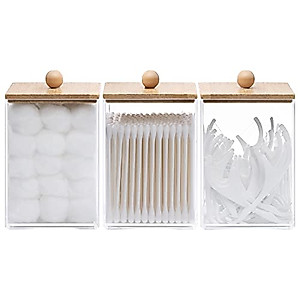Tbestmax 3 Pack Square Qtip Holder - 12 oz Bathroom Organizers and Storage Containers, Plastic Apothecary Jars with Bamboo Lids for Cotton Ball, Cotton Swab, Floss
