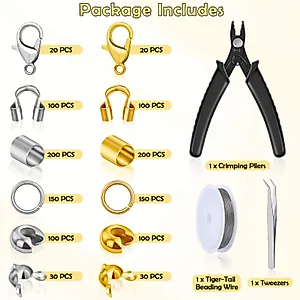 Acejoz 1200 Pcs Crimp Beads Kit for Jewelry Making, Crimp Beads, Crimp Covers, Crimp Tubes and Wire Guardians, Lobster Clasps, Jump Rings, Crimping Pliers and Beading Wire for Jewelry Making