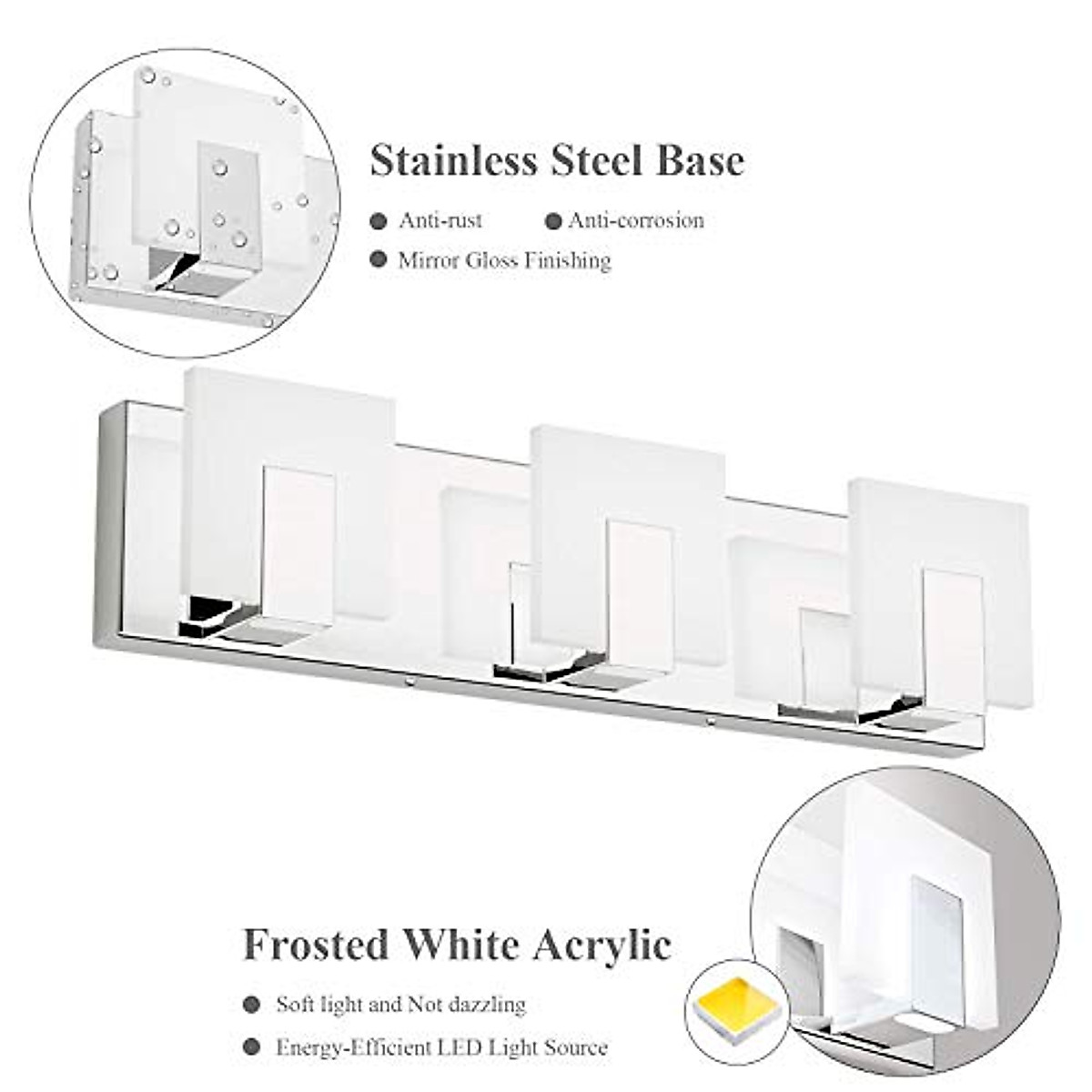 Aipsun 3 Lights Dimmable Modern LED Vanity Light for Bathroom Frosted White Acrylic Chrome Up and Down Bathroom Wall Light Fixtures Over Mirror(White Light 6000K)