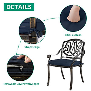 VIVIJASON 3-Piece Patio Furniture Dining Set, All-Weather Cast Aluminum Outdoor Bistro Set, Include 2 Chairs, 2 Cushions and 31" Round Table w/Umbrella Hole for Balcony, Backyard, Navy Blue Cushion