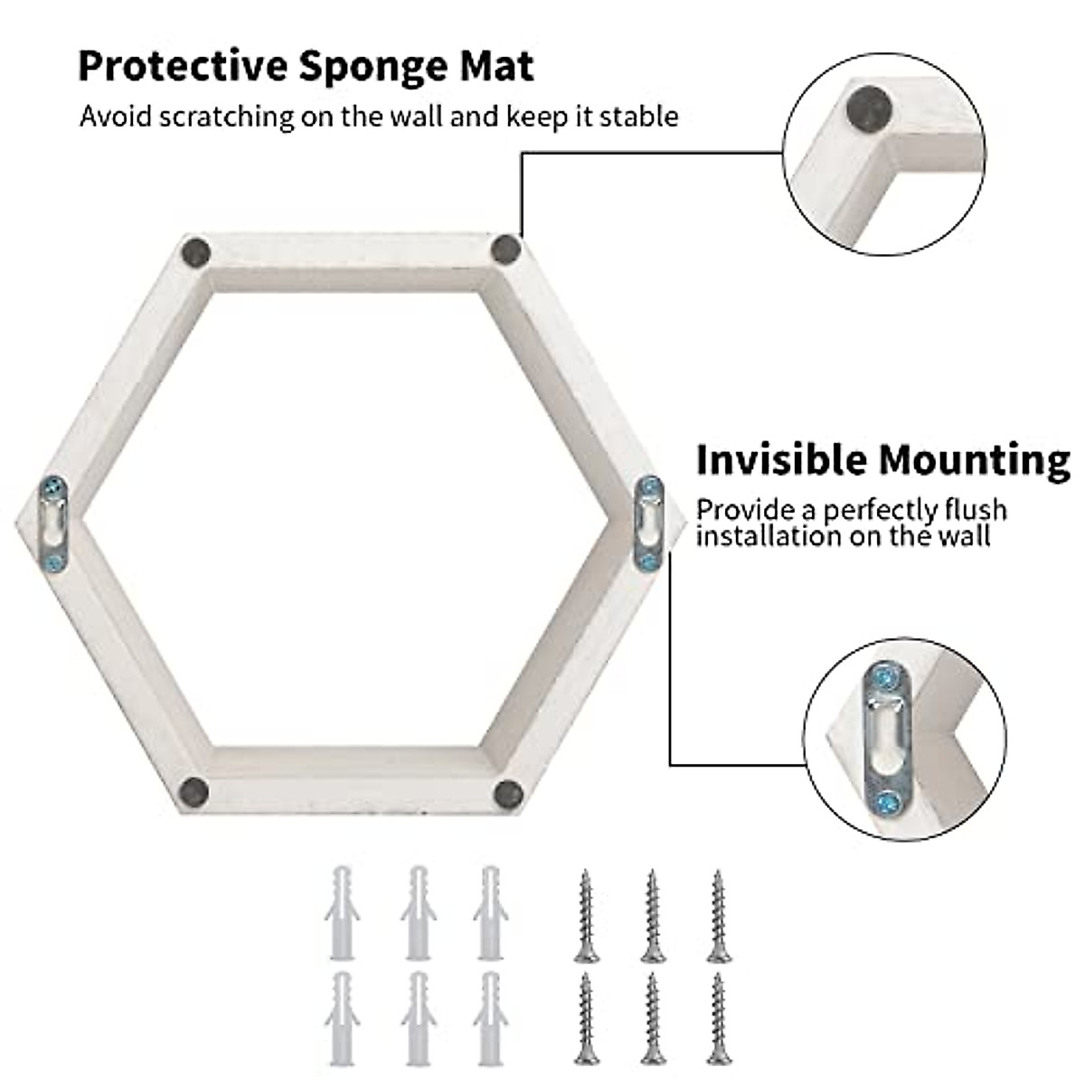 White Hexagon Floating Wall Shelves, Set of 3 Wall Mounted Honeycomb Shelves, Floating Wall Hanging Shelf, Wooden Bedroom Bathroom Shelves Farmhouse Decor for Living Room, Bedroom, Kitchen, Office