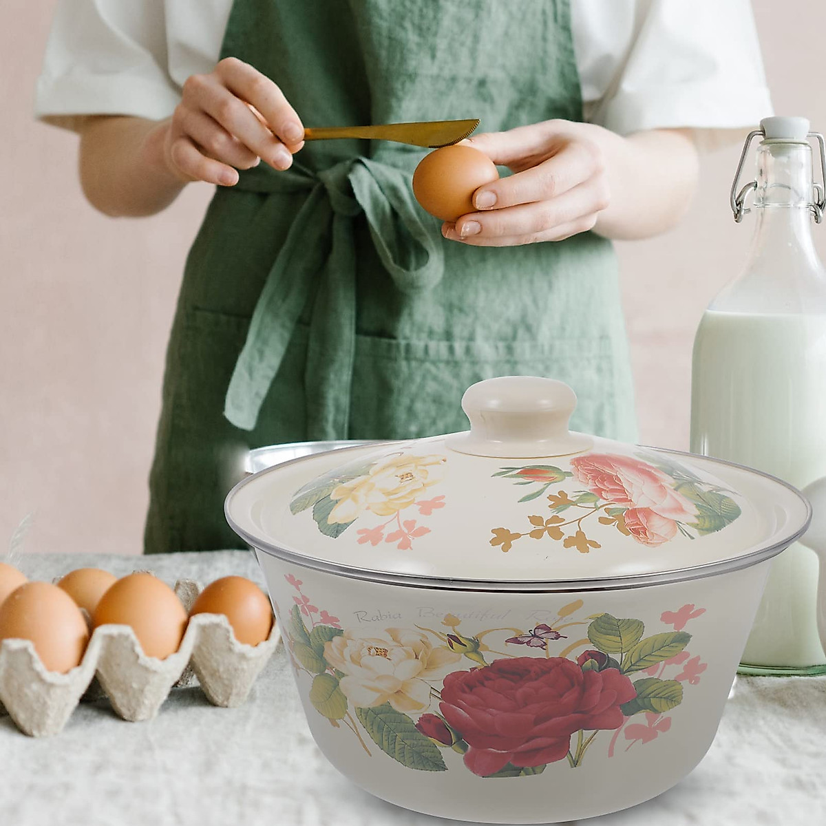 Hemoton 2 pcs Enamel Soup Bowl Vintage Enameled Basin Retro Enameled Bowl Lard Pot with Lid Enamel Mixing Bowl Enamelware Large Salad Serving Bowl Ramen Basin