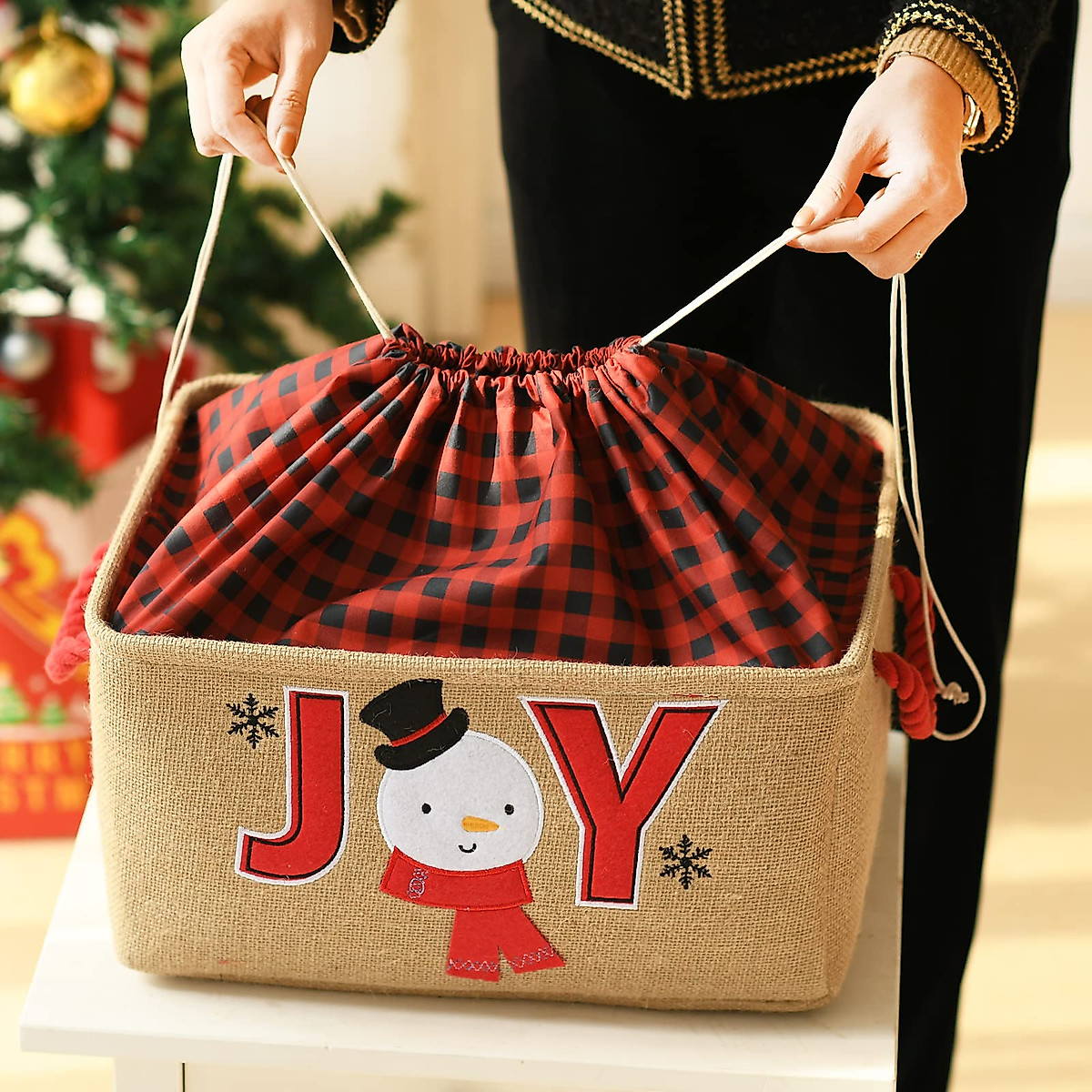 INough Gift Baskets Empty Large Christmas Basket Christmas Empty Christmas Gift Baskets with Handles Collapsible Christmas Storage Baskets, Holiday Baskets for Kidsroom Nursery Play Room (Large, Joy)