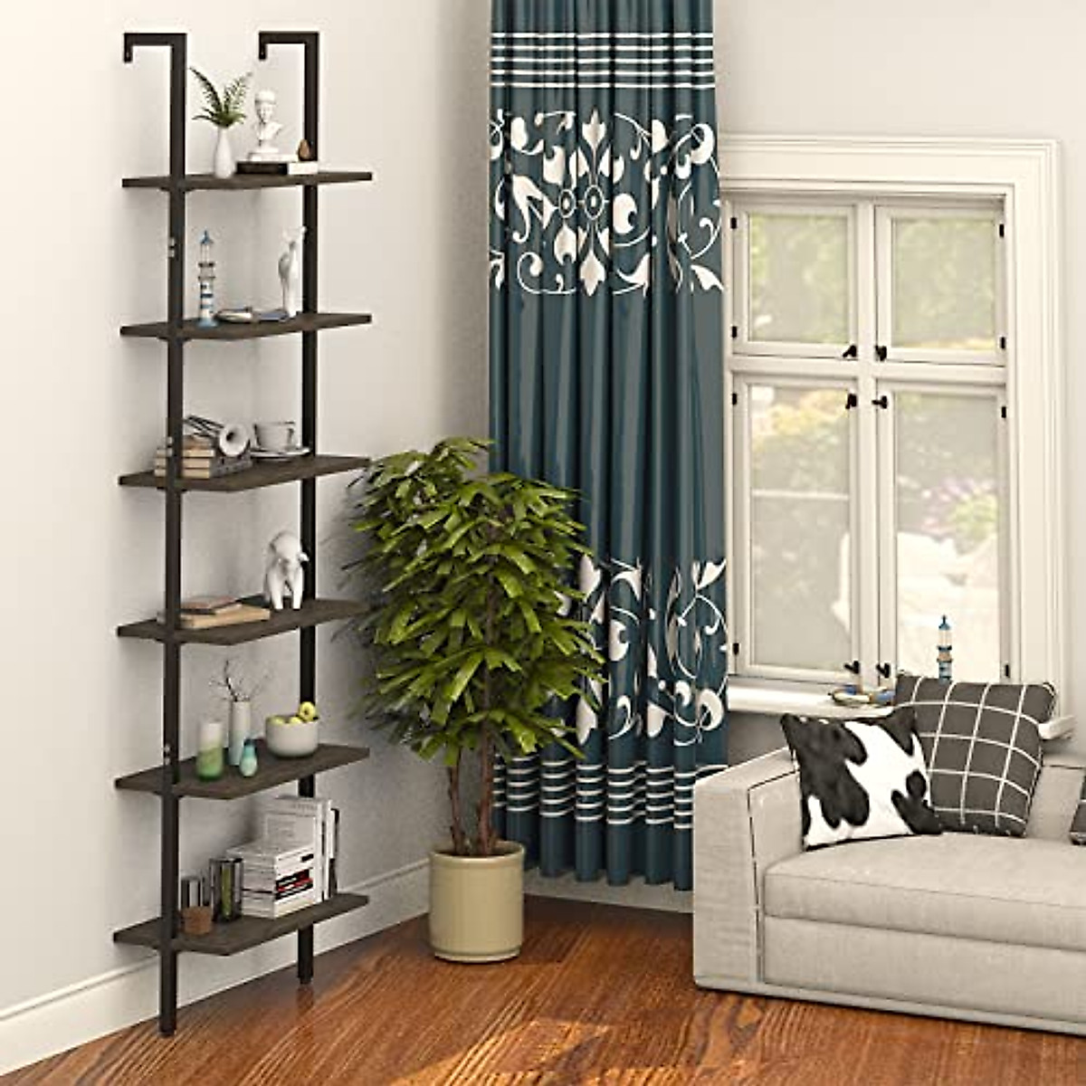 Wolawu Ladder Shelf Black 6 Tiers Modern Bookshelf Room Organizer Open Tall Wall Mount Bookcase Standing Leaning Wall Shelves Industrial Decorative Living Room Bed Room