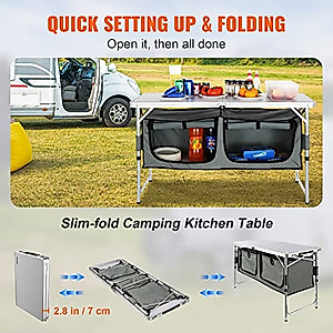VEVOR Camping Kitchen Table, Aluminum Portable Folding Camp Cooking Station with Storage Organizer, 3 Adjustable Height, Quick Installation for Picnic BBQ Beach Traveling