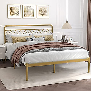 Orweiin Gold Full Size Bed Frame with Headboard, Metal Platform, Full with Under Bed Storage, Heavy Duty, No Box Spring Needed, Easy Assembly, Gold