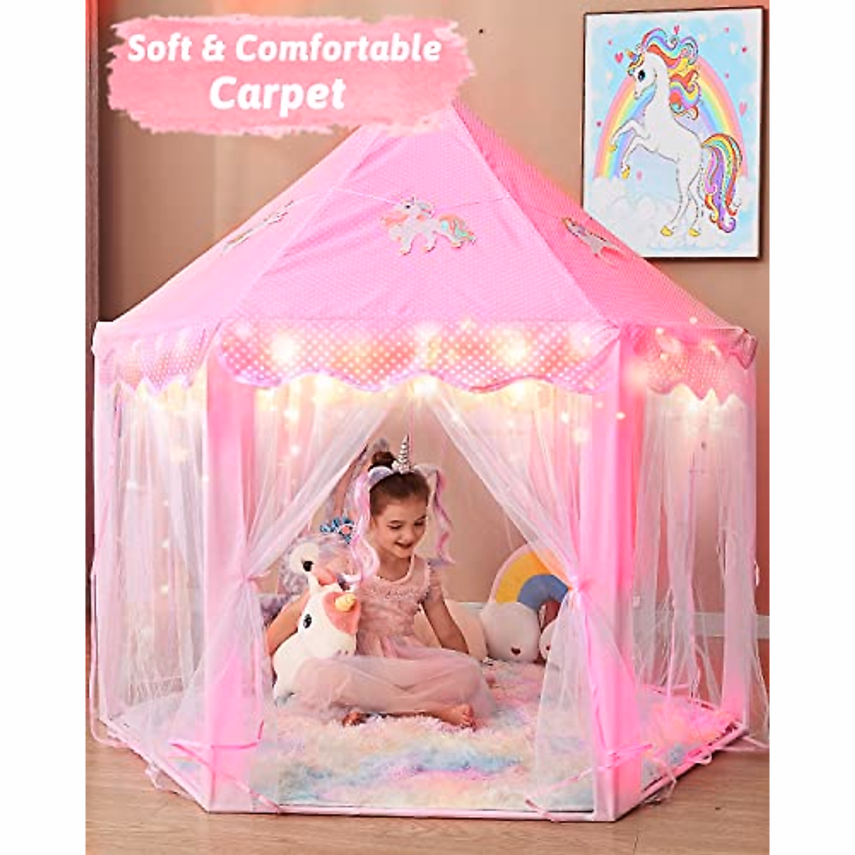 AÖARLO Princess Play Tent with Rainbow Rug and Lights, Odorless Princess Tent for Girls 3-7, Indoor Play Tent Toy House, ASTM Certified Mosquito Prevention, 55'' X 53'' (DxH)