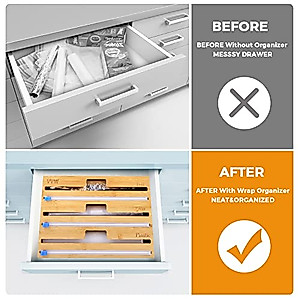 Bamboo Foil and Wrap Dispenser with Slide Cutter, 3 in 1 Plastic Wrap, Aluminum Foil and Wax Paper Organizer Holder Bamboo Tin Foil Roll Dispenser for Kitchen Drawer Compatible with 12 Inches Roll