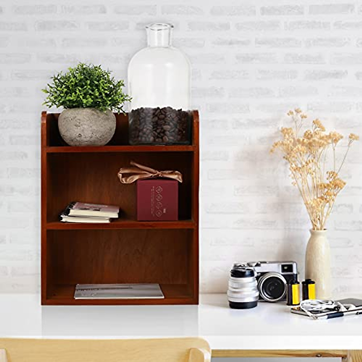VOSAREA Floating Shelf Rack Wooden Figurine Shadow Box Drawer Organizer for Wall Mount Counter Top Cabinet Wood Color