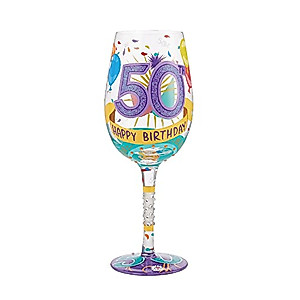 Enesco Designs by Lolita Happy 50th Birthday Hand-Painted Artisan Wine Glass, 1 Count (Pack of 1), Multicolor