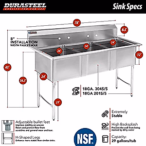 Stainless Steel Commercial Kitchen Sink - DuraSteel 3 Compartment Utility Sink w/Cross Bracing Legs - Triple 24" x 24" x 12" Bowl Size - For Restaurant, Laundry, Garage & Backyard - NSF Certified