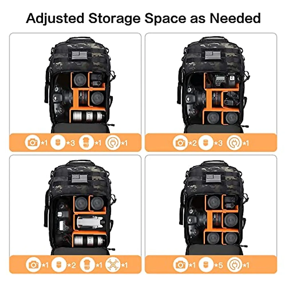 MOSISO Camera Backpack, DSLR/SLR/Mirrorless Photography Tactical Camera Bag Case with Tripod Holder & 15-16 inch Laptop Compartment & USA Flag Compatible with Canon/Nikon/Sony, Night Camouflage