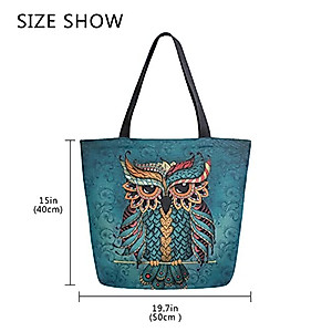 ALAZA Owl Print Boho Ethnic Large Canvas Tote Bag Shopping Shoulder Handbag with Small Zippered Pocket