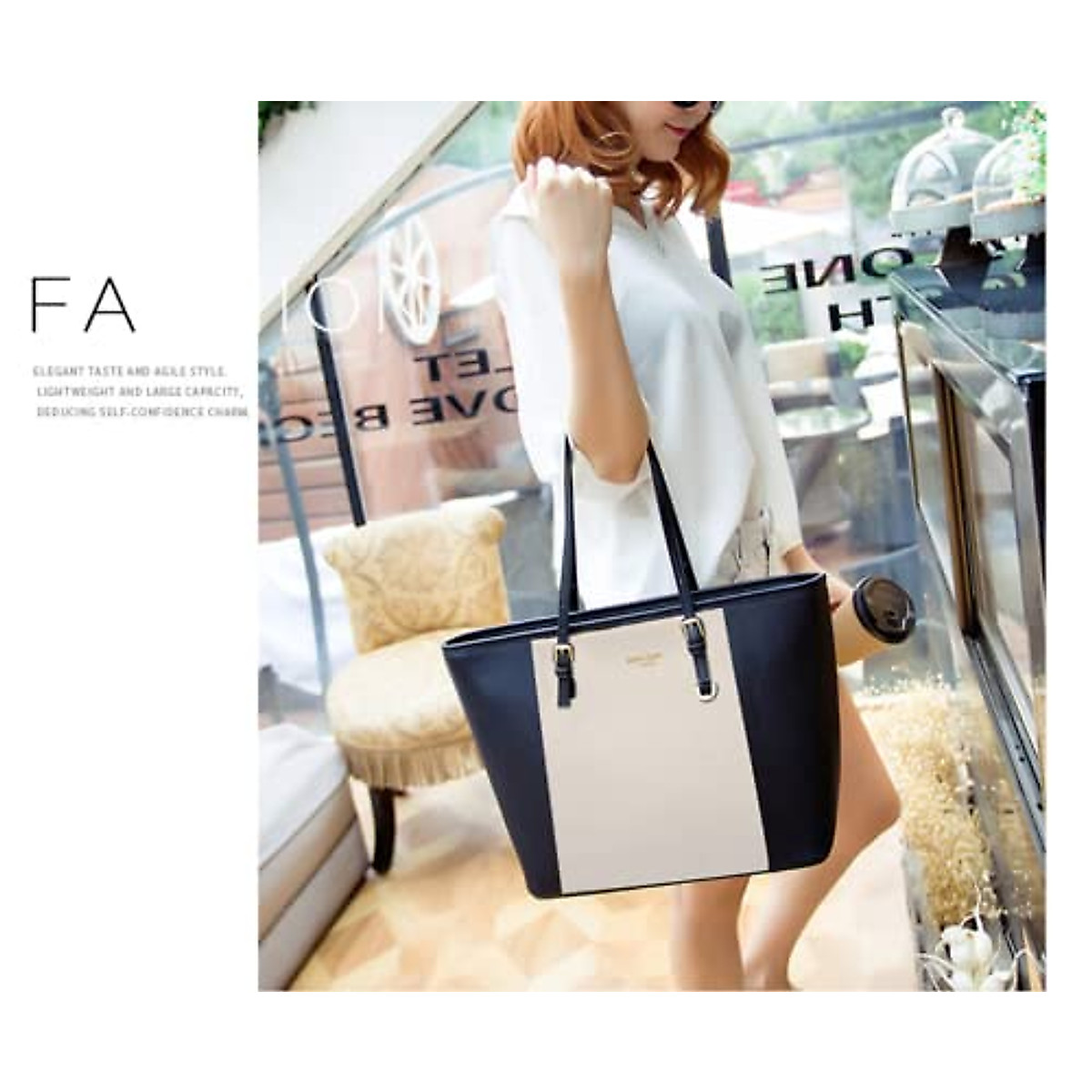 Women's shoulder bag, large capacity vertical zipper open tote bag, women's handbag (Black with white)