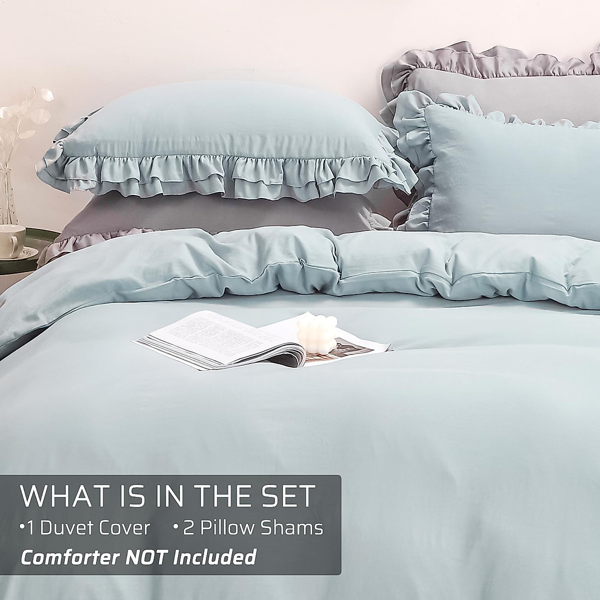 Rvciby Ruffle Duvet Cover Queen Size,Soft and Breathable Washed Microfiber Bedding Set,3 Pieces,1 Duvet Cover with Zipper Closure & Corner Ties and 2 Pillow Shams,90 X 90 Inches (Queen,Blue)