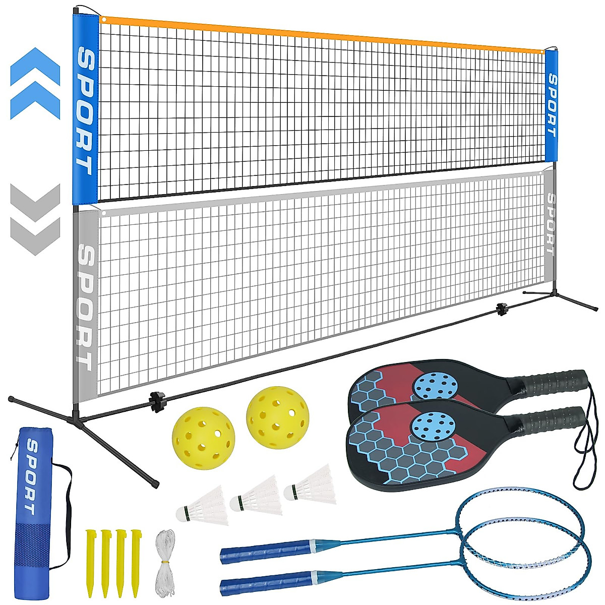 Pickleball Net, Pickleball Set with Net, Indoor Outdoor 17ft x 3-5ft Height Adjustable Pickle Ball Net, Pickleball, Badminton, and Volleyball All-in-One Net w/Pickleball Paddles, Badminton Rackets