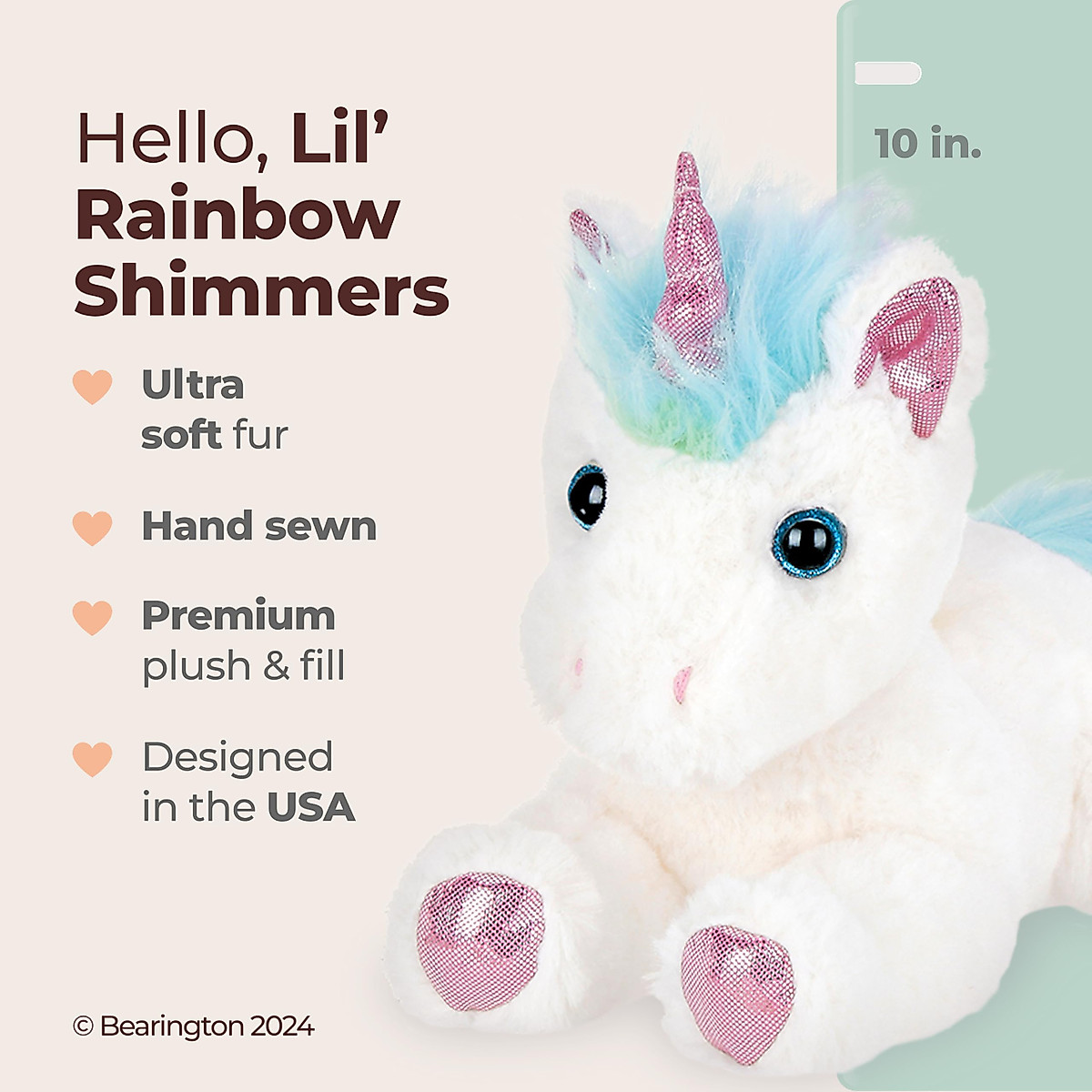 Bearington Lil' Rainbow Shimmers The White Unicorn Plush, 10 Inch Unicorn Stuffed Animal