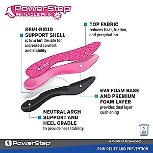 PowerStep Pinnacle Pink Orthotics for Women - Arch Support Inserts for Pain Relief & Plantar Fasciitis - Firm + Flexible for Increased Comfort, Stability and Control from Pronation (W 8-8.5, M 6-6.5)