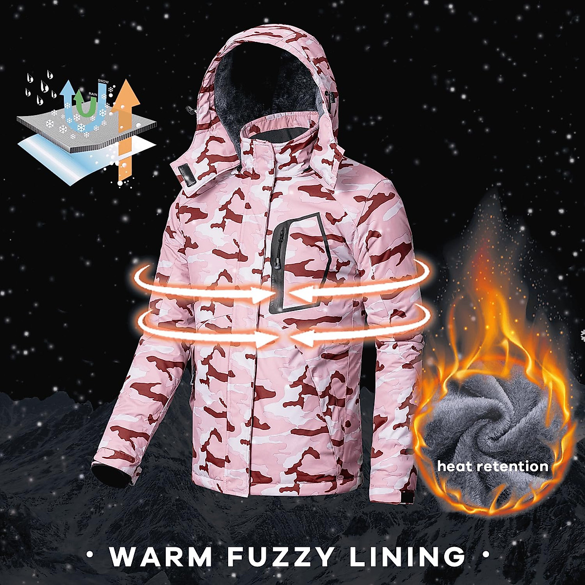 WULFUL Women’s Waterproof Snow Ski Jacket Mountain Windproof Winter Coat with Detachable Hood